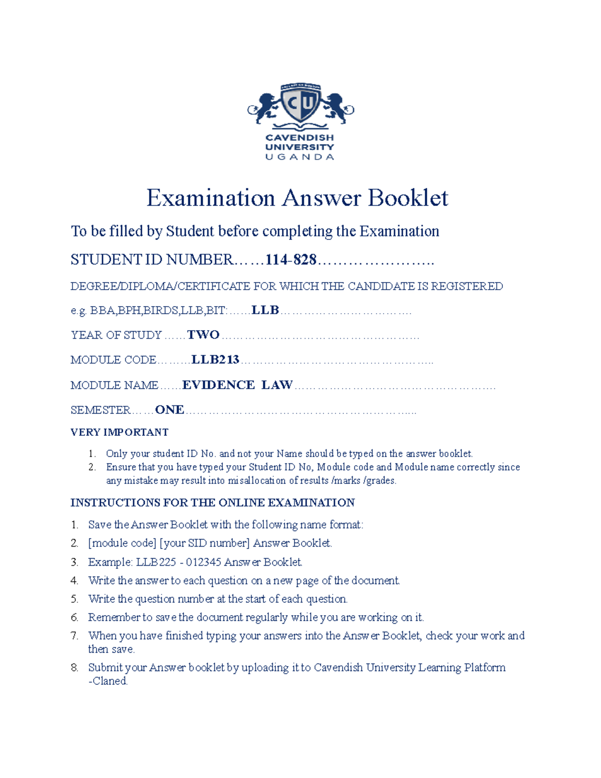 LLB-213 Evidence LAW SID; - Examination Answer Booklet To be filled by ...