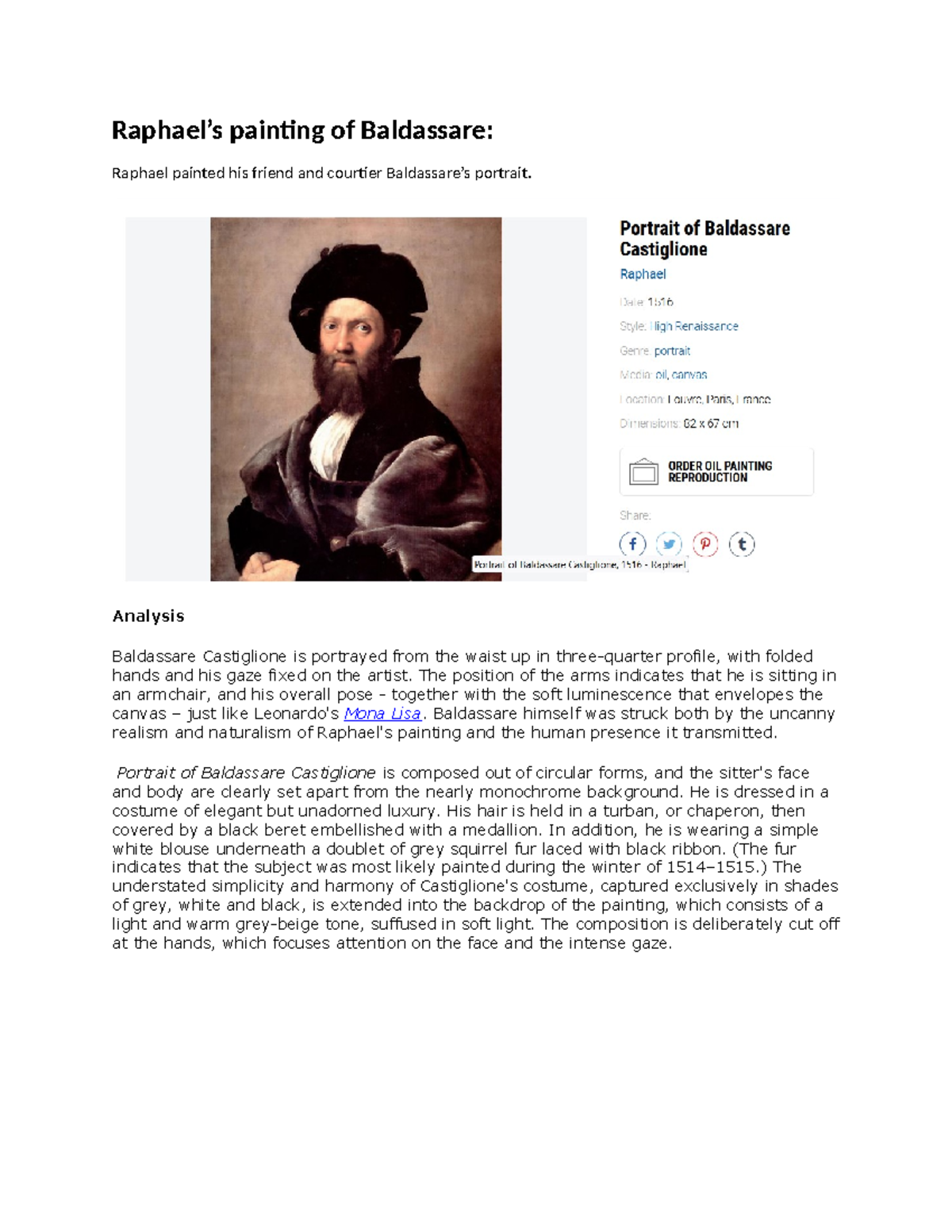 Raphael Analysis-Revised - Raphael’s painting of Baldassare: Raphael ...