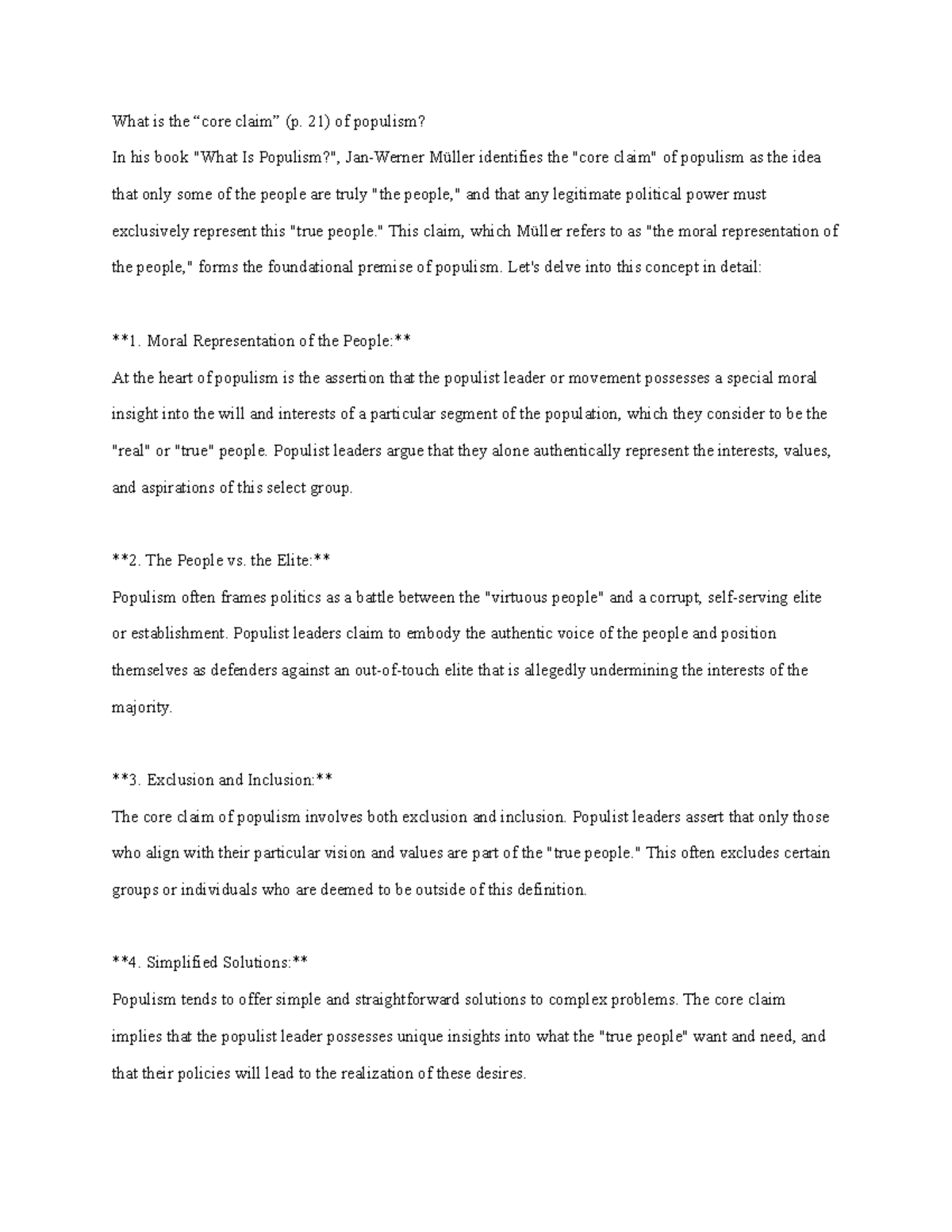Core claim of populism - What is the “core claim” (p. 21) of populism ...