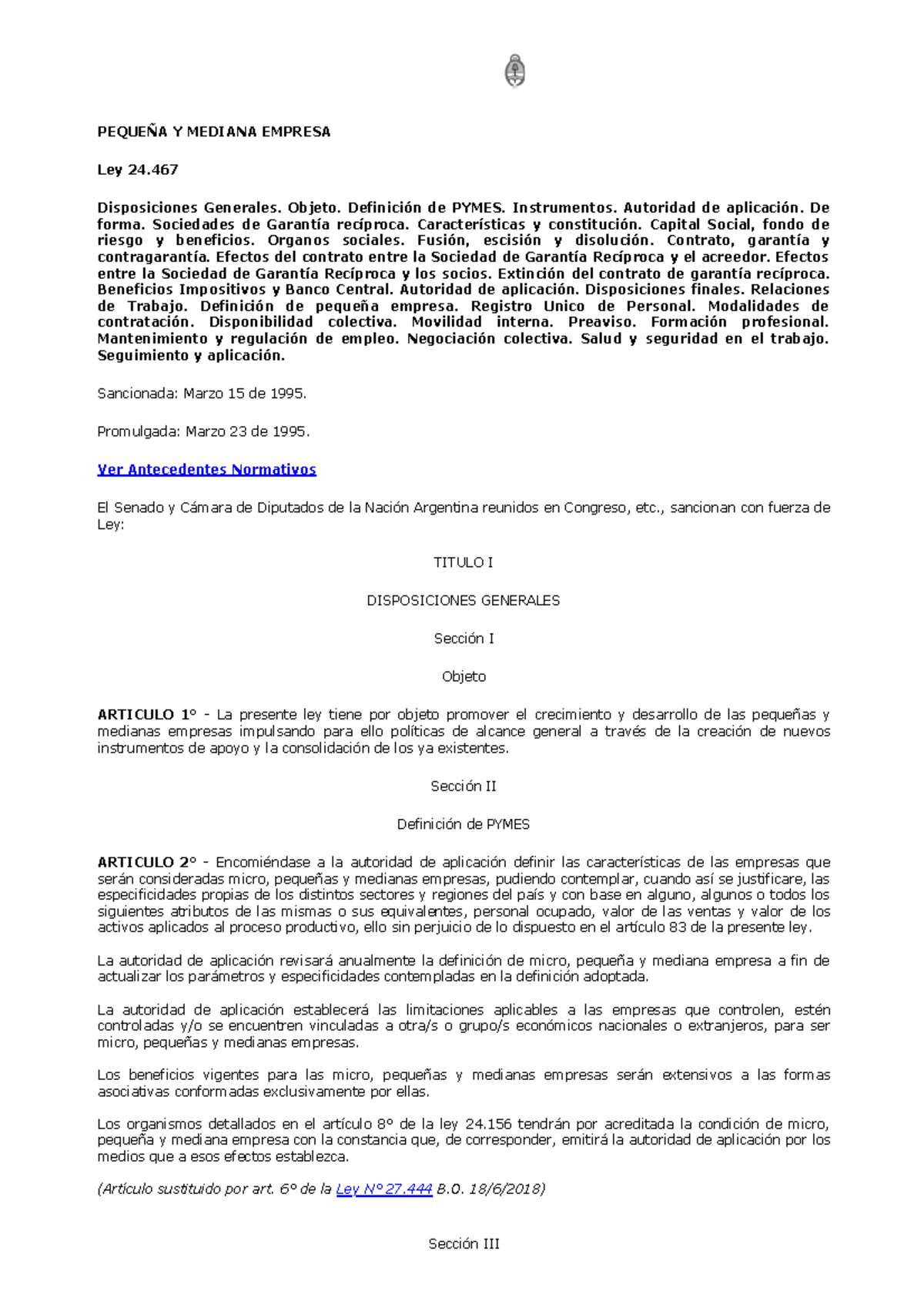 Ley Nº 24.467 (Ley de Py MEs) - PEQUEÑA Y MEDIANA EMPRESA Ley 24 ...