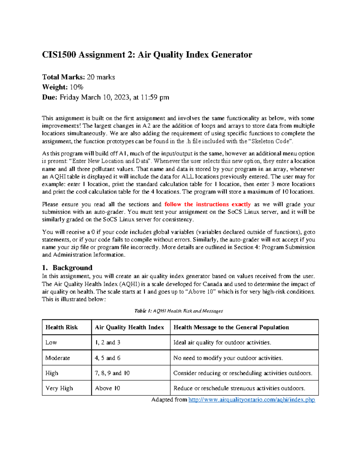CIS1500 Assignment 2 Instructions - CIS1500 Assignment 2: Air Quality Index Generator Total ...