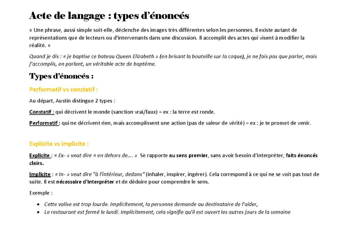 Acte de langag-explicite-implicite - Acte de langage : types d’énoncés ...