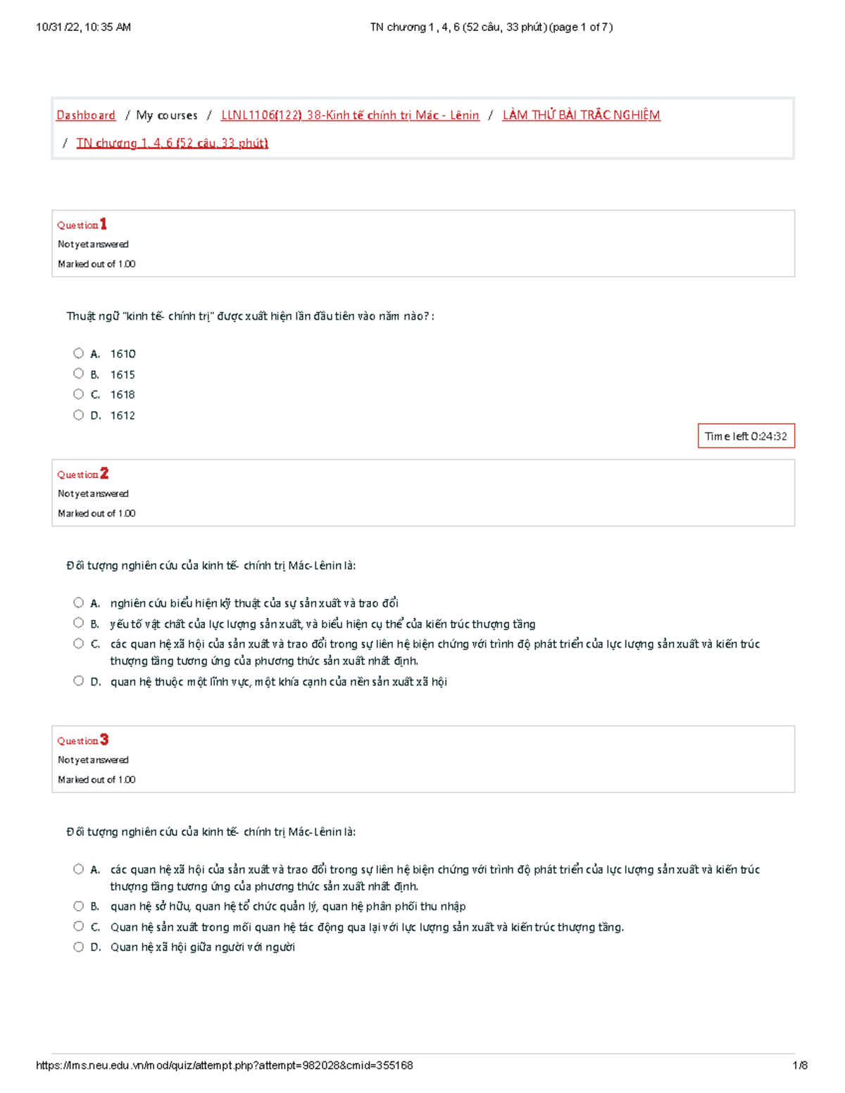 TN chương 1, 4, 6 - tn 146 - lms.neu.edu/mod/quiz/attempt.php?attempt=982028&cmid=355168 1 ...