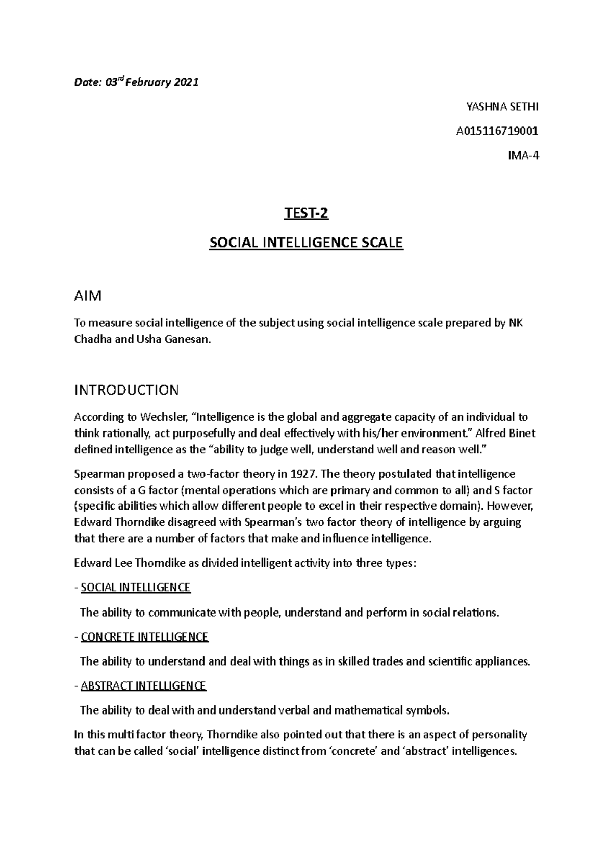 Social Intelligence Scale - Date: 03rd February 2021 YASHNA SETHI A IMA ...