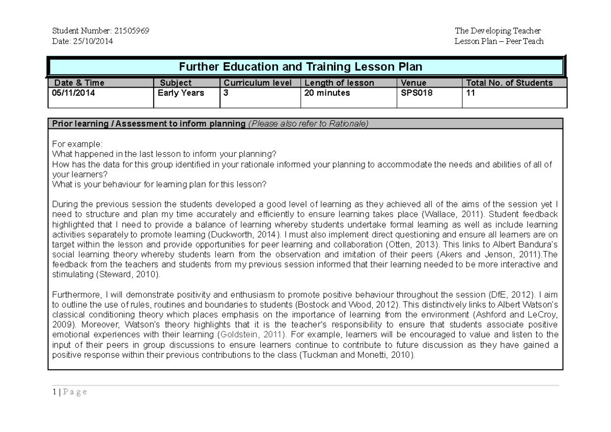 Lesson Plan Proforma - Student Number: 21505969 Date: The Developing ...
