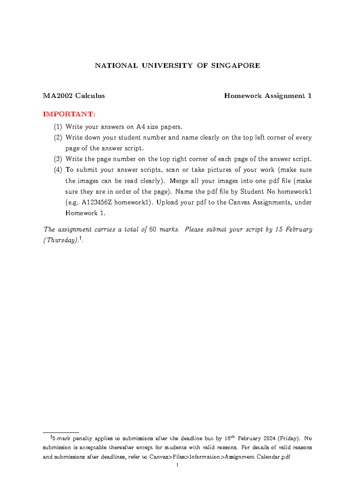 MA2002 Hmk1-2024 - Homework - NATIONAL UNIVERSITY OF SINGAPORE MA2002 ...