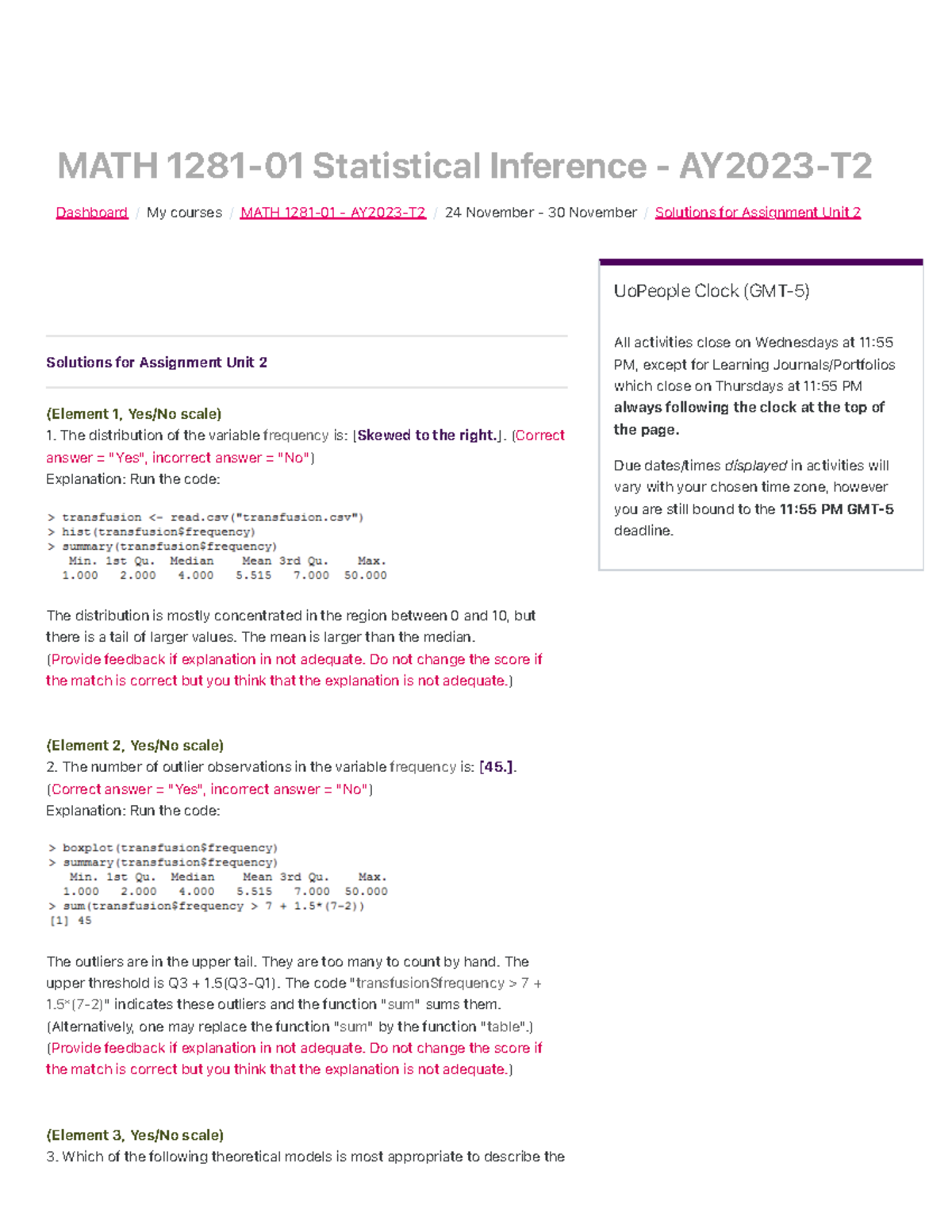 Math 1281 01 Ay2023 T2 Solutions For Assignment Unit 2 Math 1281 01 Statistical Inference