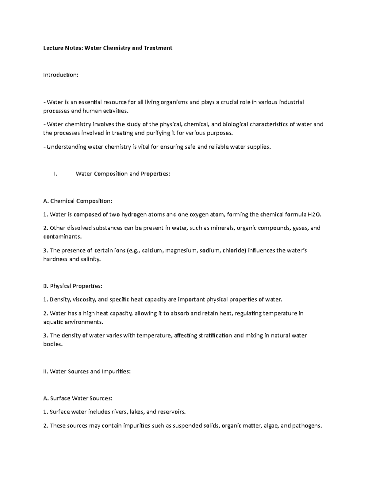 Lecture Notes: Water Chemistry and Treatment - Lecture Notes: Water ...