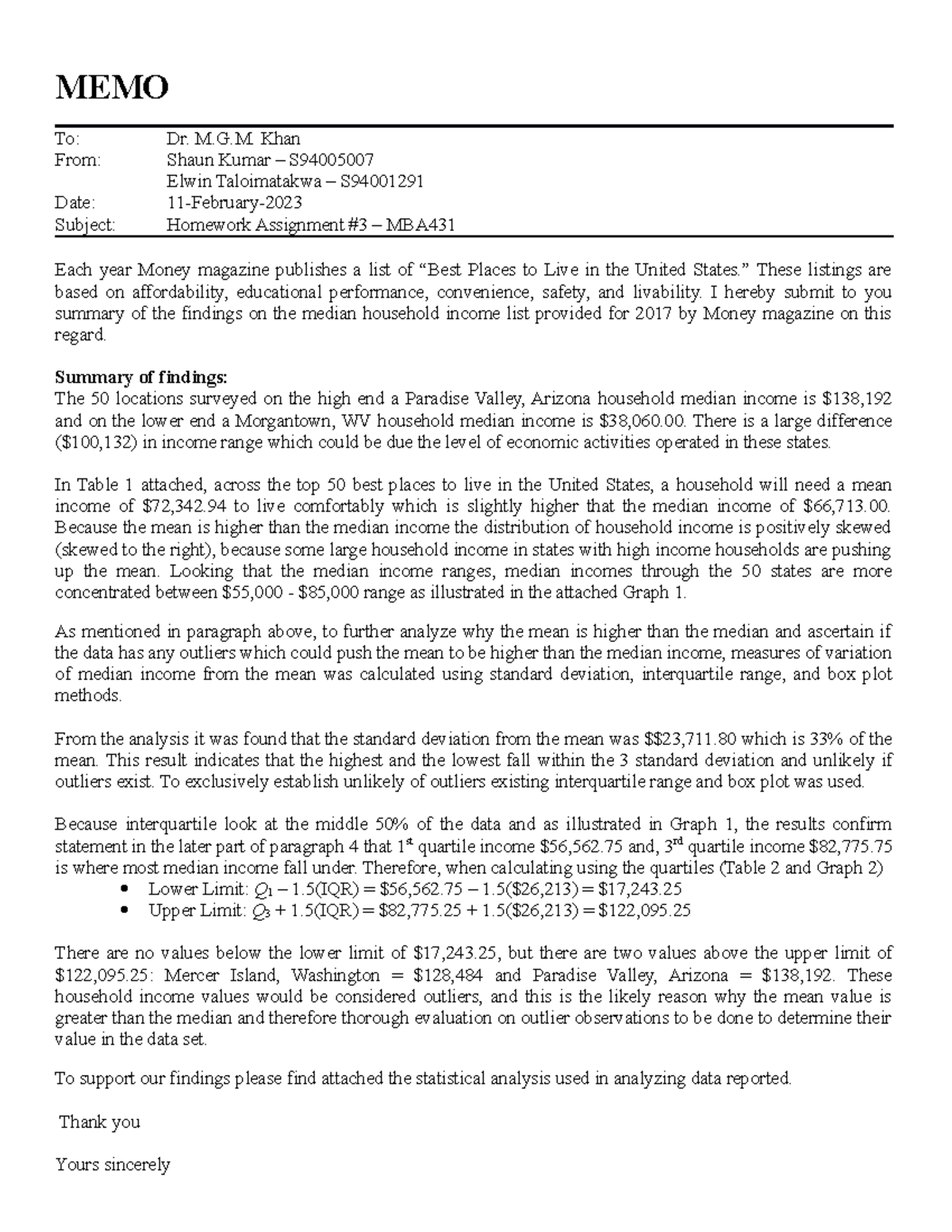 000 Homework Assignment #3, T1 2022 Answers - MEMO To: Dr. M.G. Khan ...