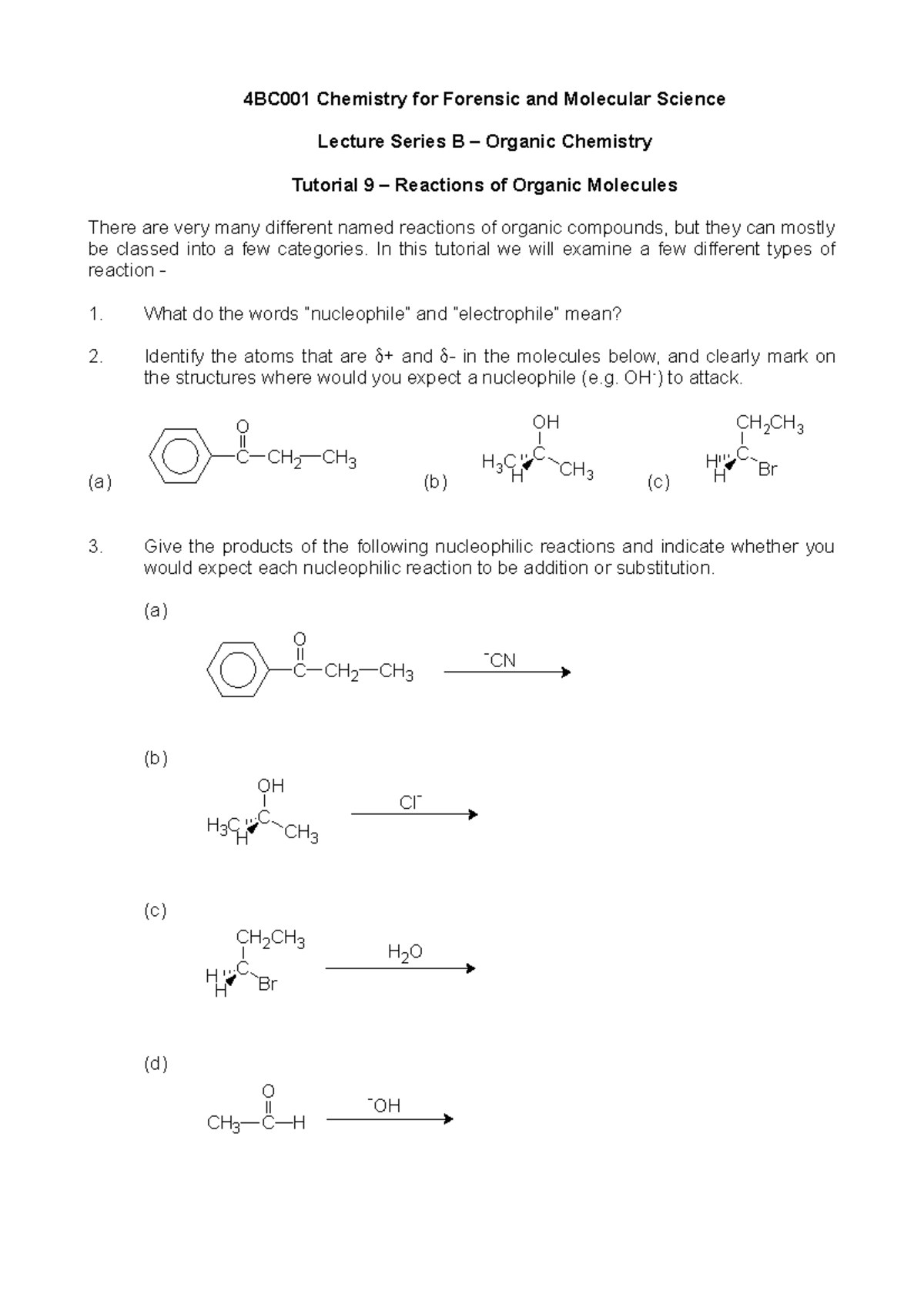 4BC001 organic chemistry tutorial 9 2012 - 4BC001 Chemistry for ...