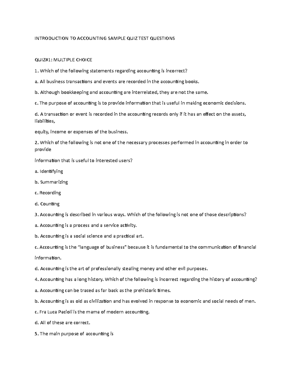 Introduction TO Accounting Sample QUIZ TEST Questions - INTRODUCTION TO ...