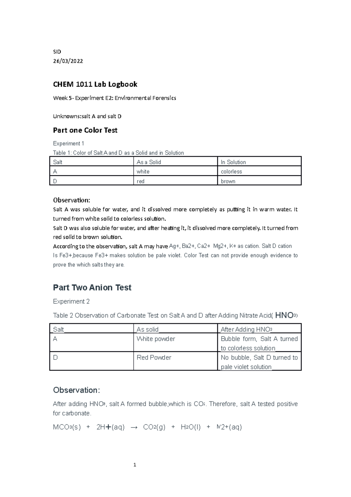 Logbook 2 - Experiment 2 - SID 26/03/ CHEM 1011 Lab Logbook Week 5 ...