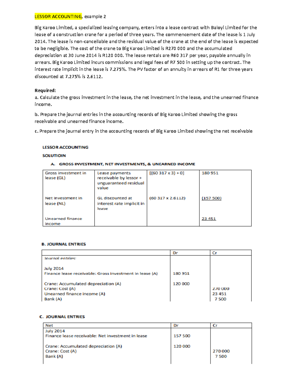 Practise question 2 - LESSOR ACCOUNTING, example 2 Big Karoo Limited, a ...