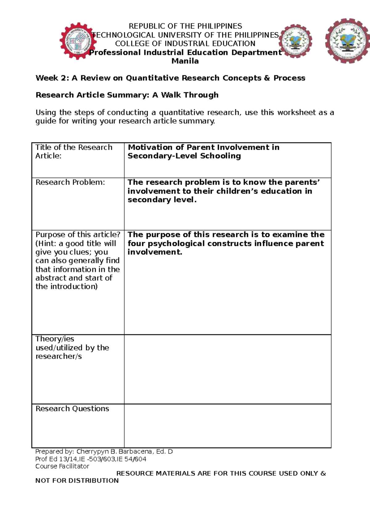 Orzal- Quantitative Research Article Summary Worksheet - TECHNOLOGICAL ...