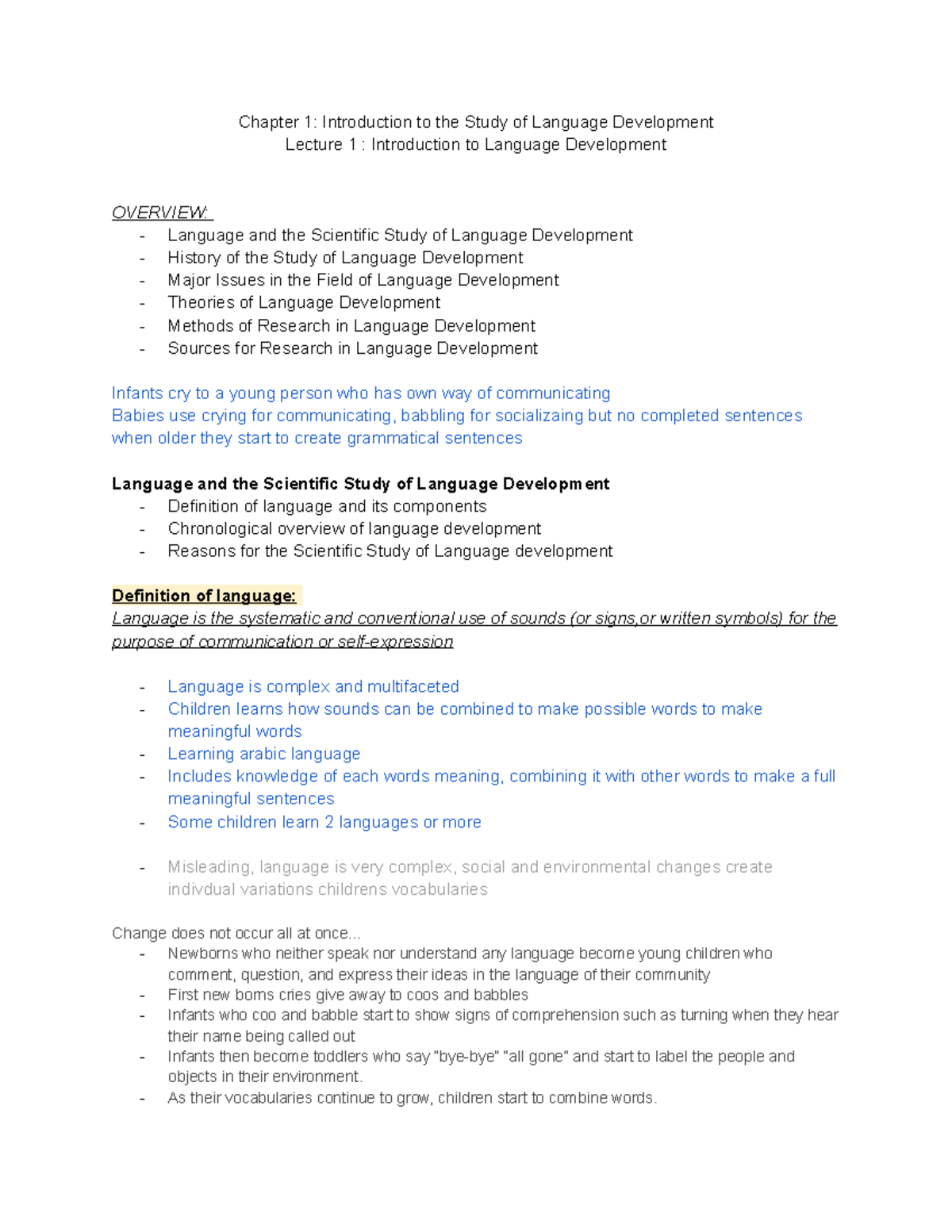 PSY315 Midterm Lectures - Chapter 1: Introduction to the Study of Language Development Lecture 1 ...