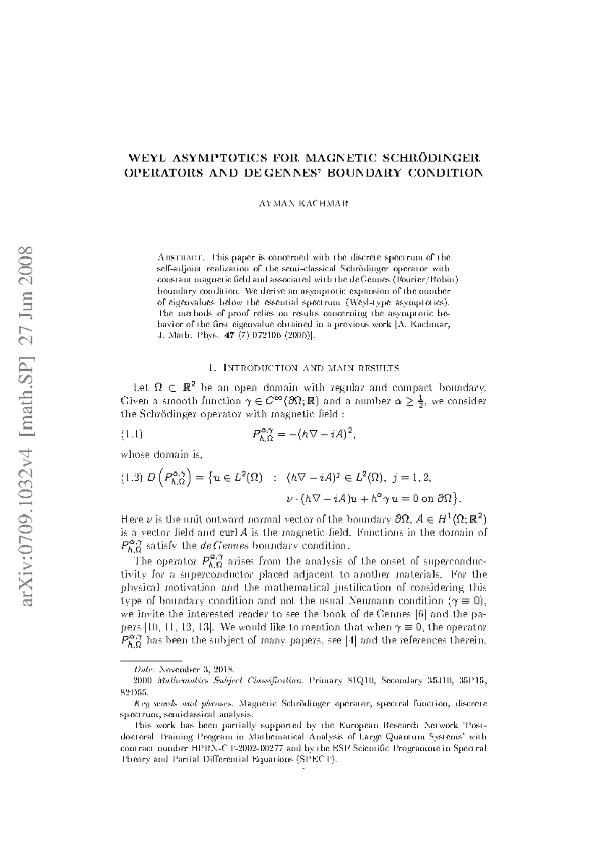 0709 - Cours - arXiv:0709 [math] 27 Jun 2008 WEYL ASYMPTOTICS FOR MAGNETIC SCHRÖDINGER OPERATORS ...