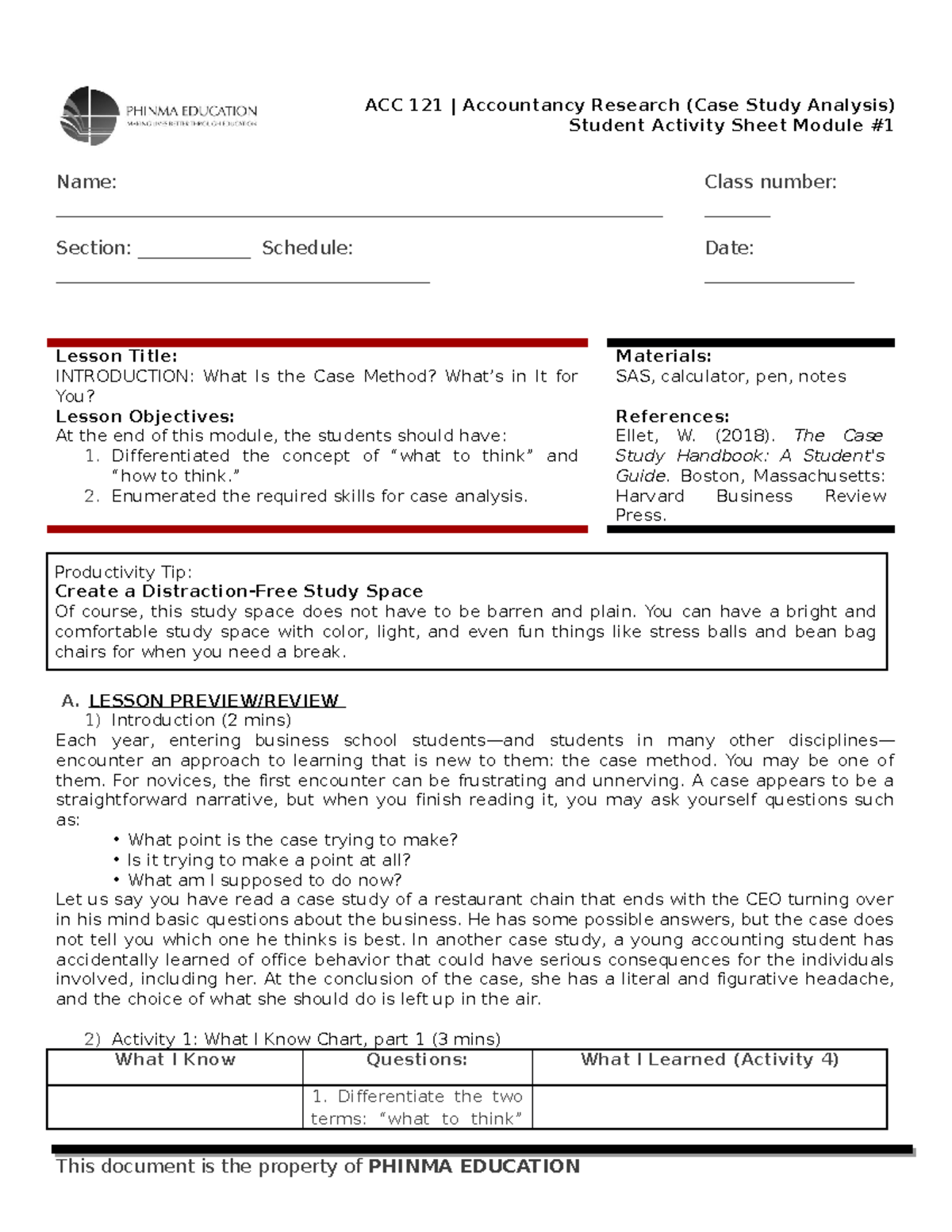 ACC 121 SAS Day 1 - Accounting - Student Activity Sheet Module # Name ...