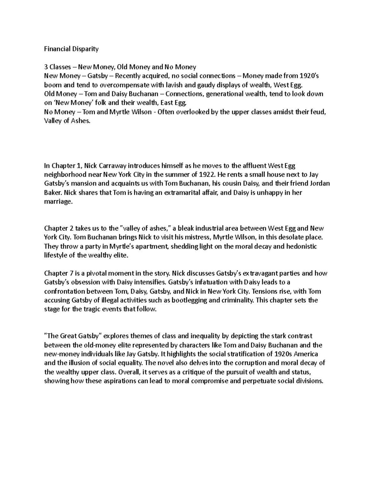The Great Gatsby Notes - Financial Disparity 3 Classes – New Money, Old ...