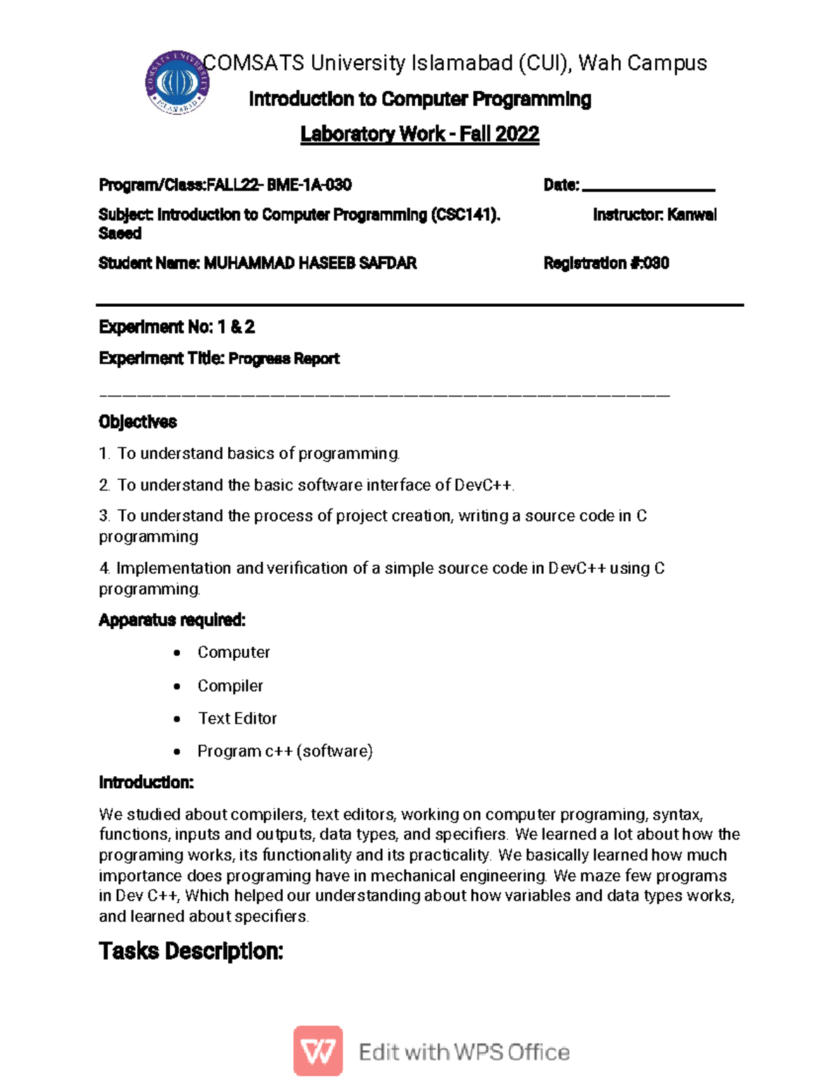 Report Itcp Lab Introduction To Computer Programming Laboratory Work