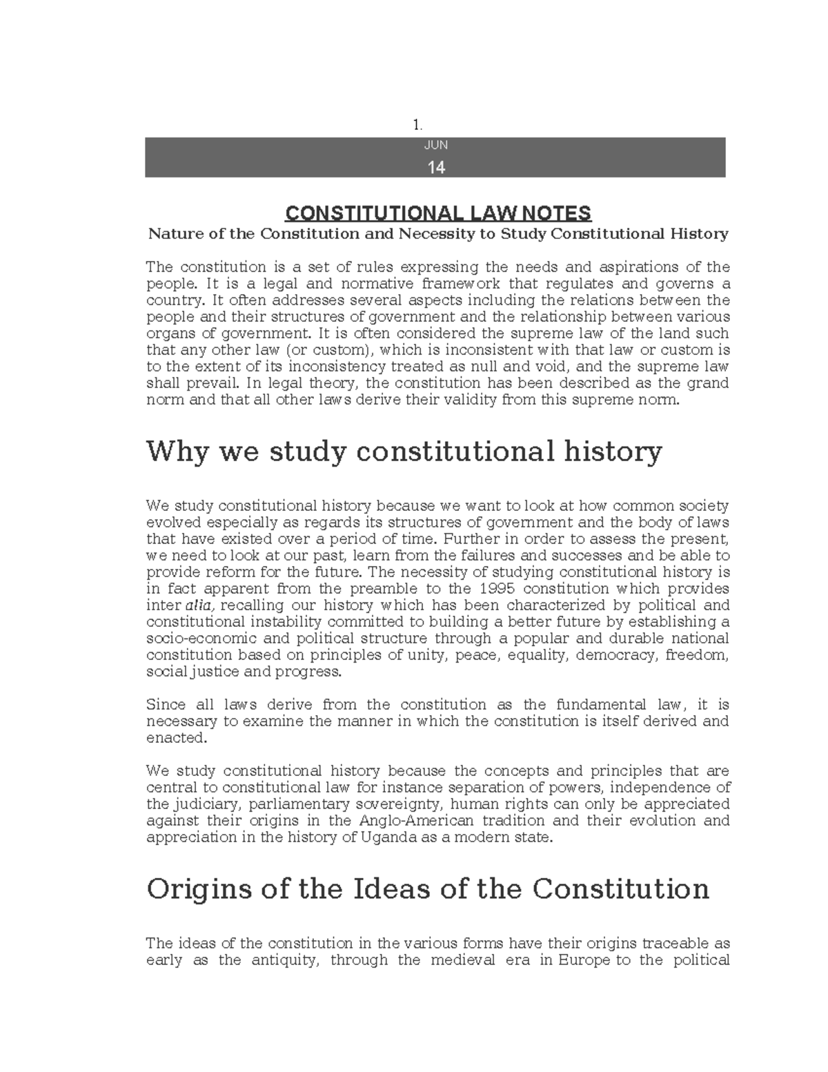 Constitutional law notes - 1. JUN 14 CONSTITUTIONAL LAW NOTES Nature of ...