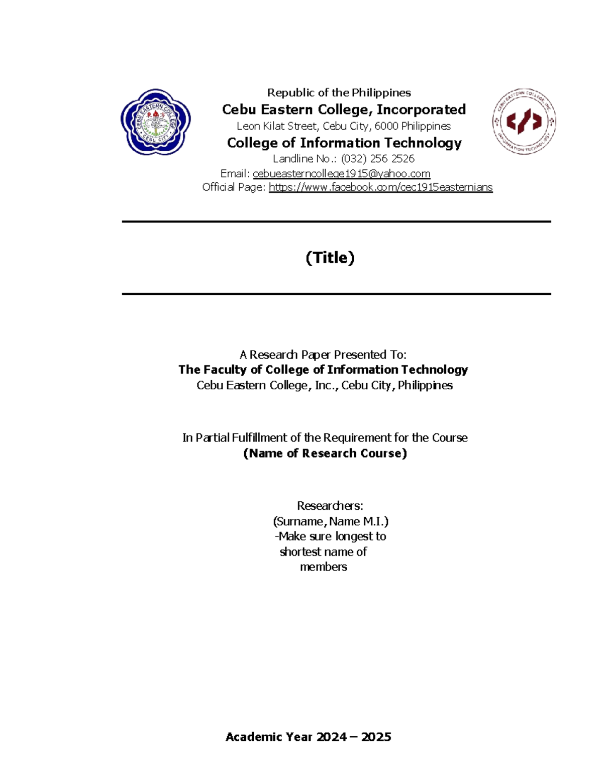 IT Final Paper Template - Republic of the Philippines Cebu Eastern ...