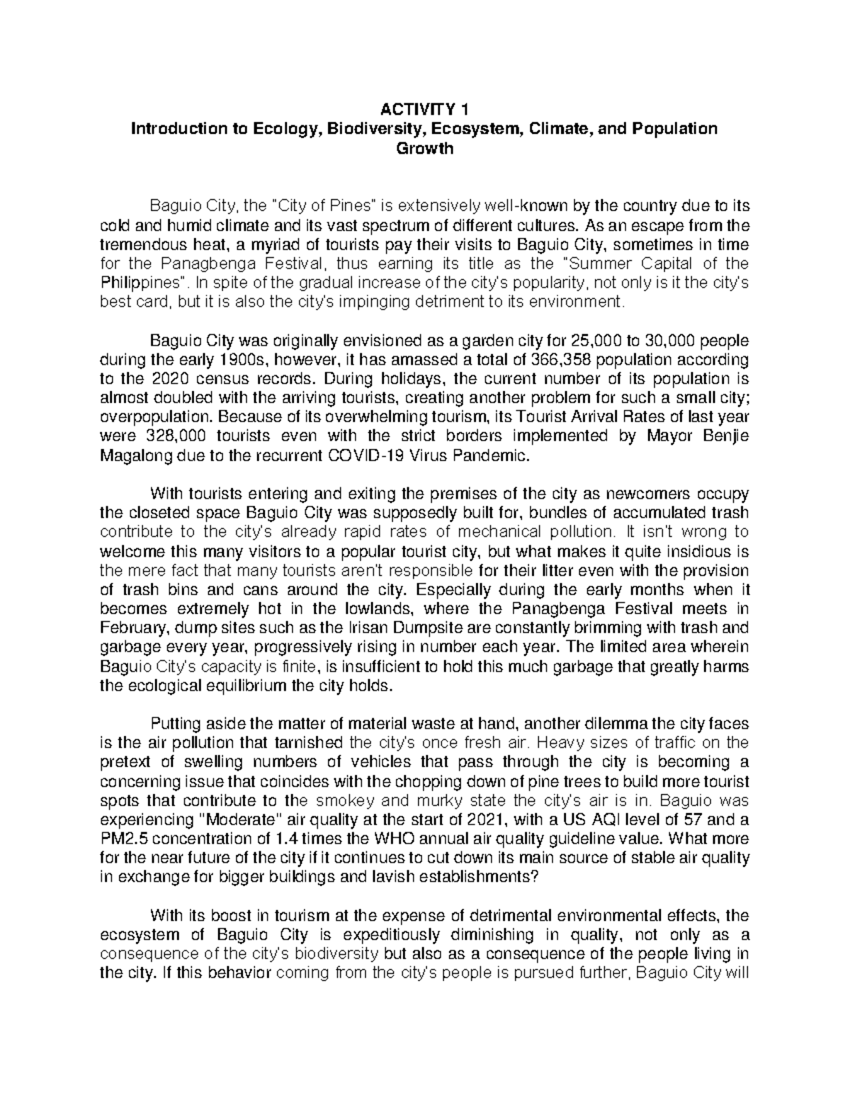 Activity 1 - ANSWERS - ACTIVITY 1 Introduction to Ecology, Biodiversity ...