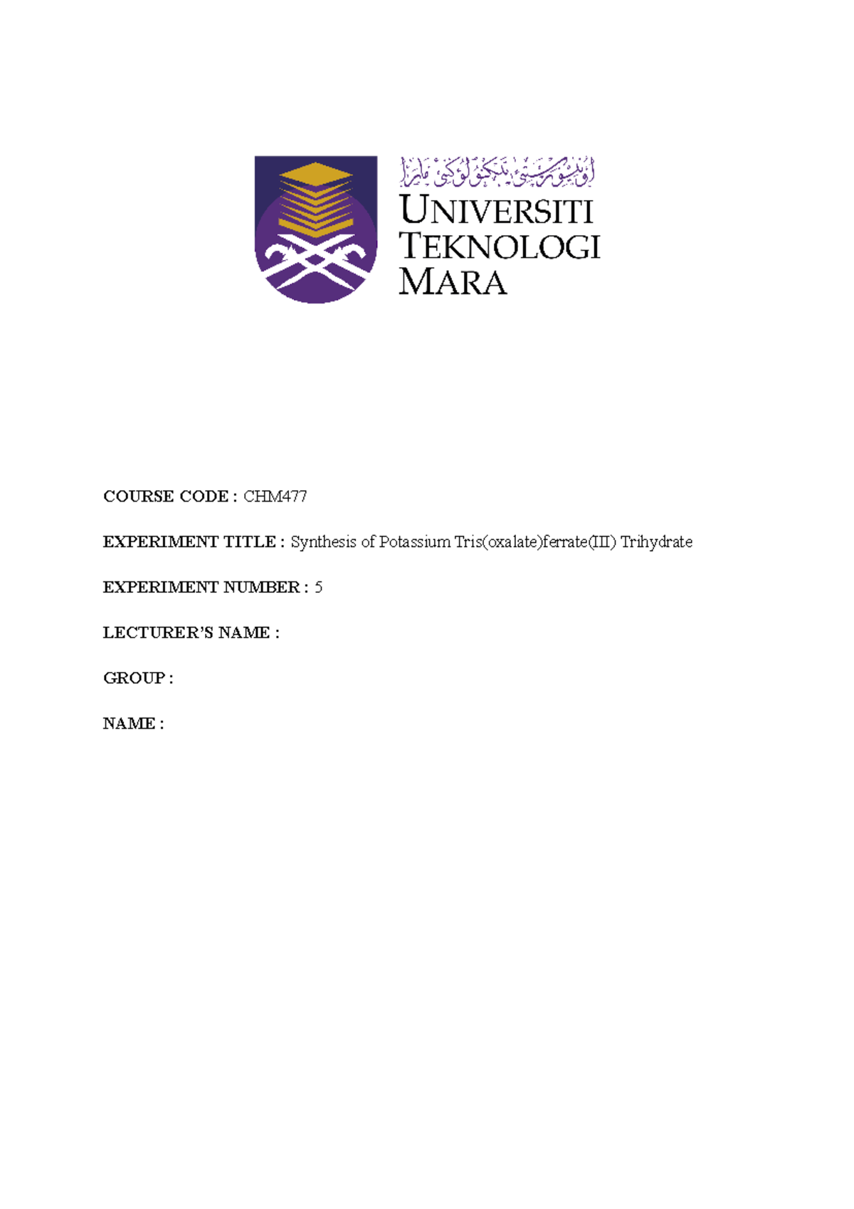 CHM477 Exp 5 2024 - Lab report - COURSE CODE : CHM EXPERIMENT TITLE ...