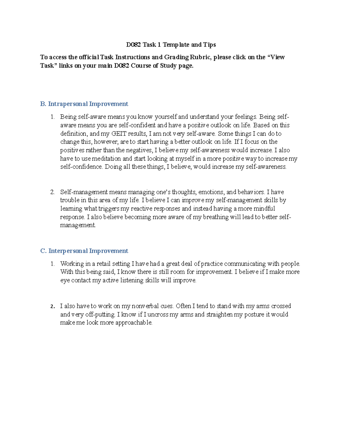 D082 Emotional and Cultural Intelligence Task 1 - D082 Task 1 Template ...