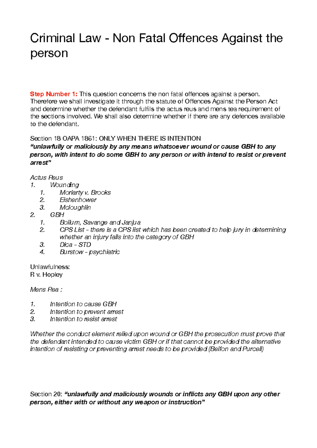 OAPA Question Skeleton - Criminal Law - Non Fatal Offences Against the ...