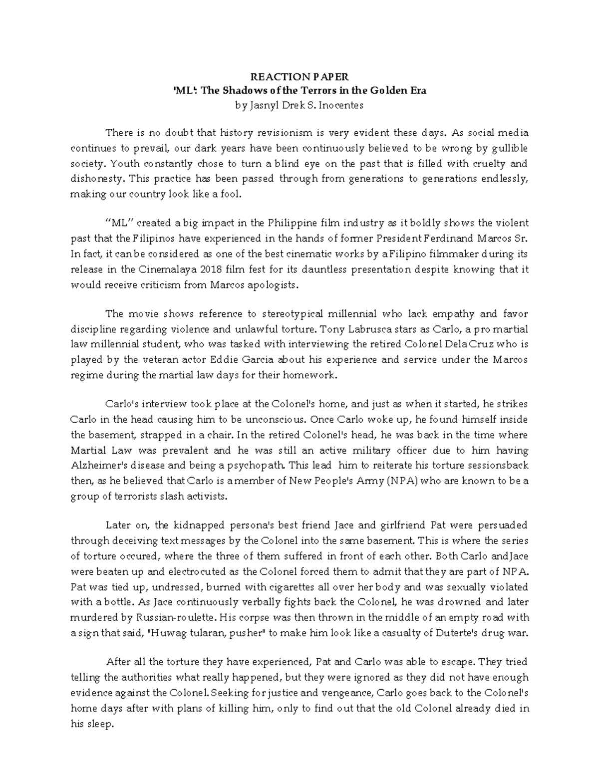 Sample works - good - REACTION PAPER 'ML': The Shadows of the Terrors ...