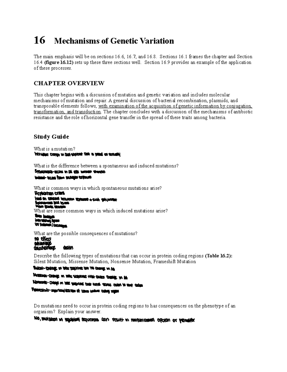Chapter 16 Study Guide - 16 Mechanisms of Genetic Variation The main ...