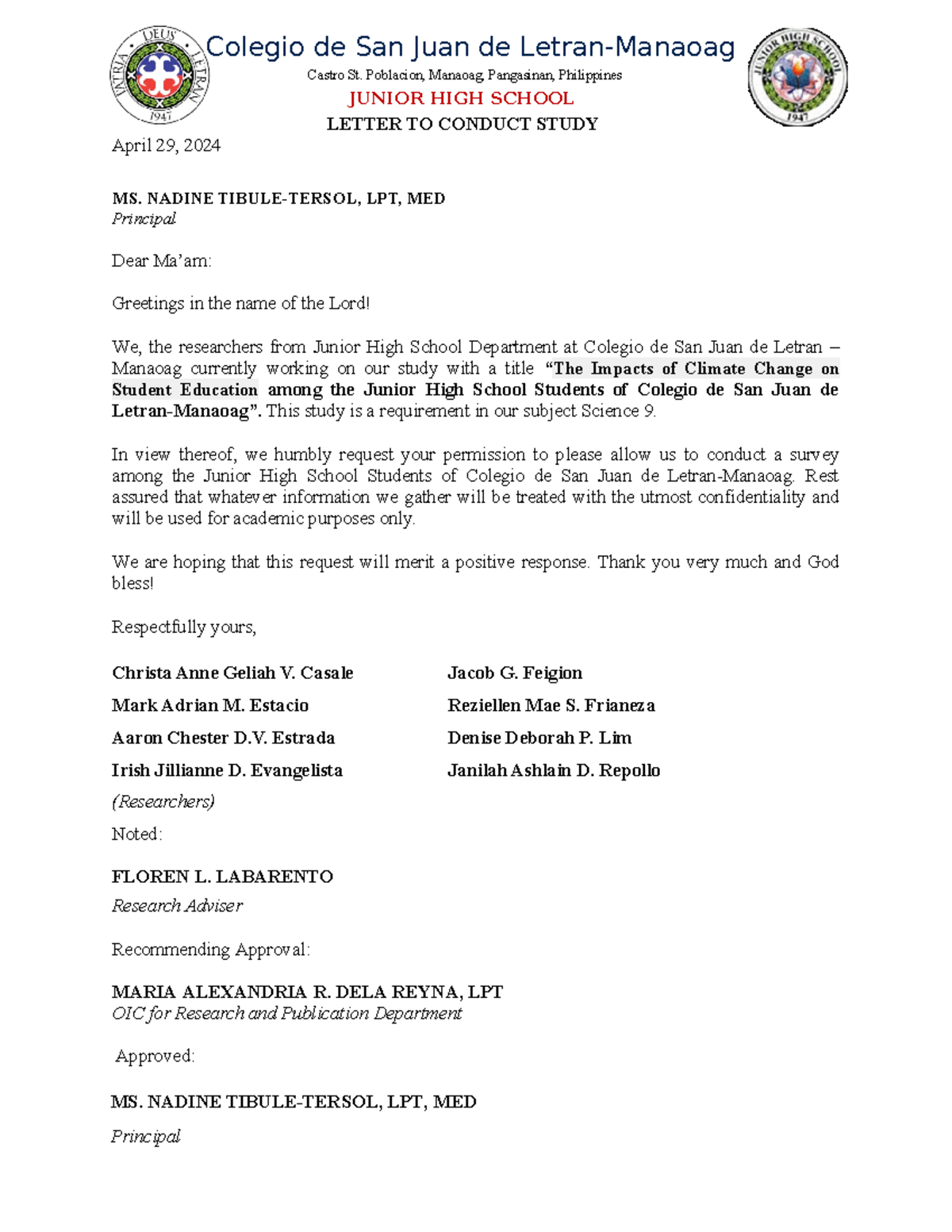 Survey Letter Group 2 - JUNIOR HIGH SCHOOL Castro St. Poblacion ...
