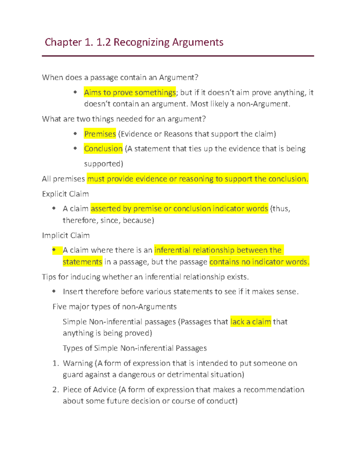 1.2 Reconizing Arguments Notes Copy - Chapter 1. 1 Recognizing ...