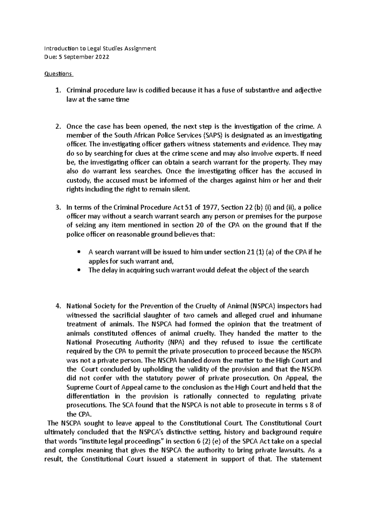 Legal Studies Assignment - A member of the South African Police ...