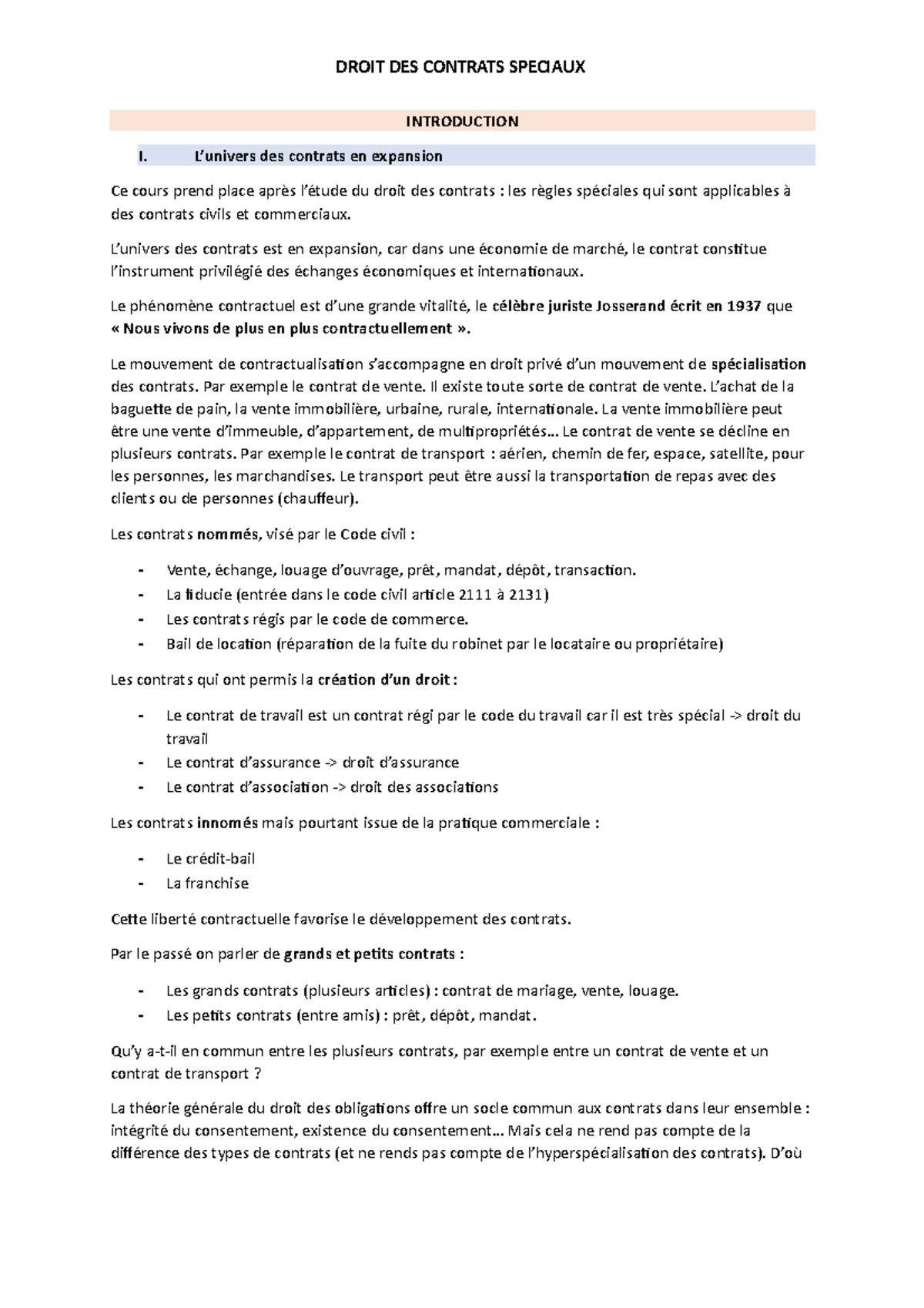 Contrat spéciaux cours magistral 2021 - INTRODUCTION I. L’univers des ...