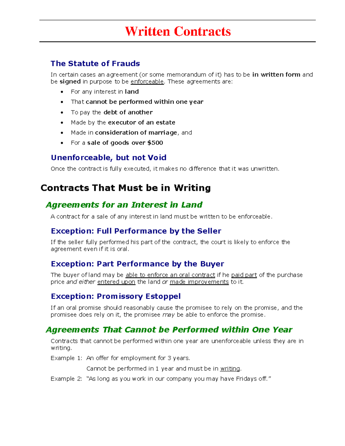 Ch15 Written Contracts - Written Contracts The Statute of Frauds In ...