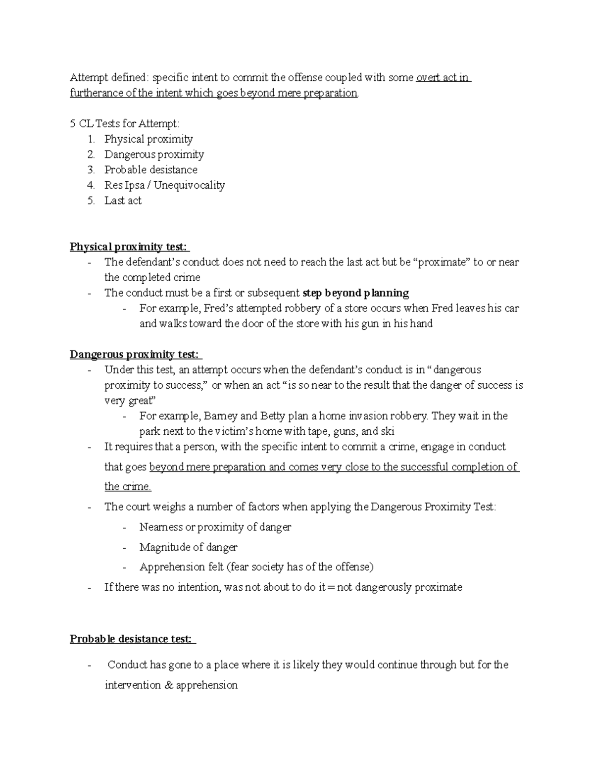 Crim - Attempt Actus REUS - Attempt defined: specific intent to commit ...