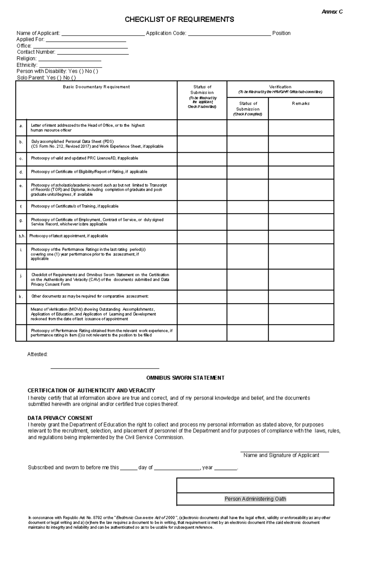Annex Requirements - Annex C CHECKLIST OF REQUIREMENTS Name of Applicant: - Studocu