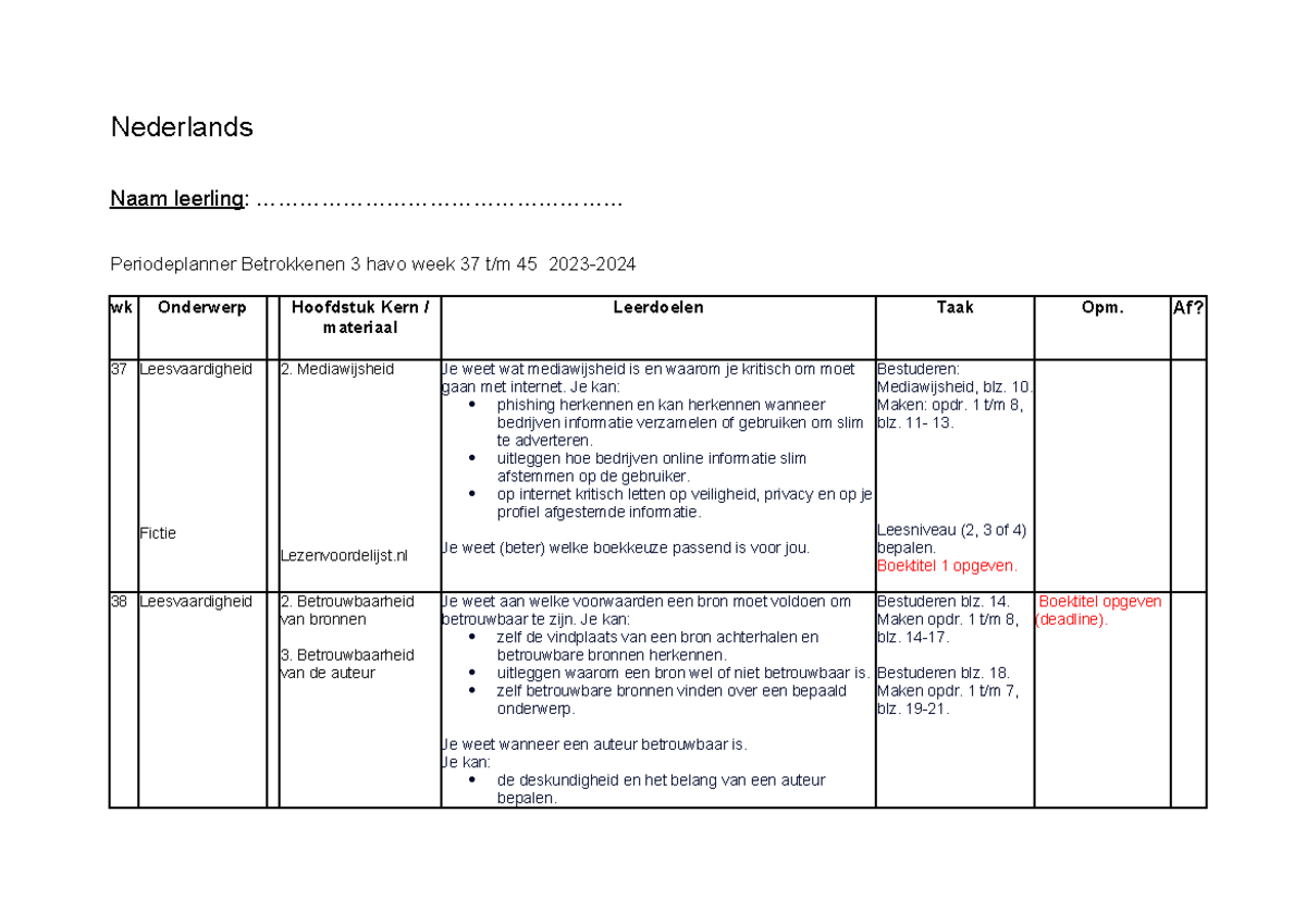 NE-3-havo-planner-p1-23-24 - Nederlands Naam leerling: - Studeersnel