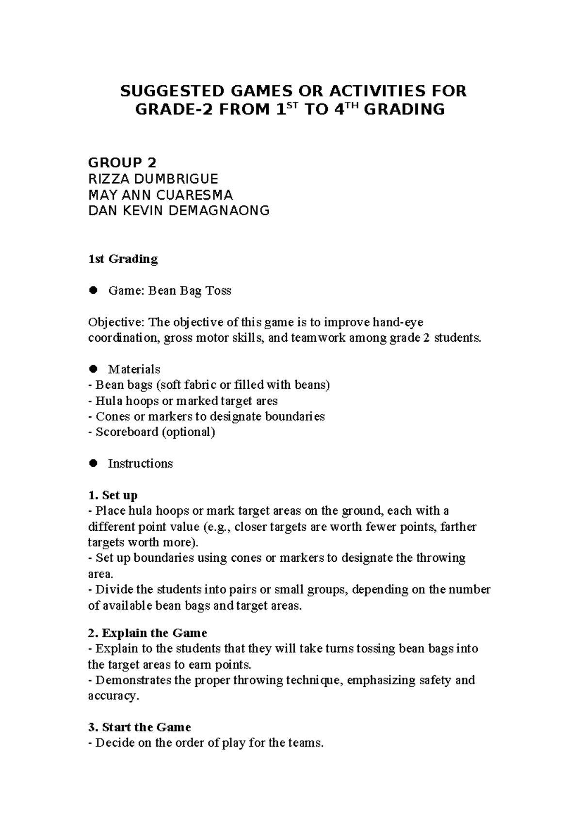 Grade 2 Suggested Games FOR Diffrent Grade Level - SUGGESTED GAMES OR ...