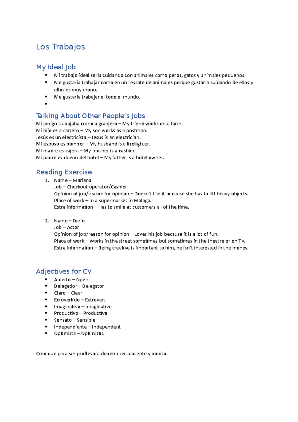 Spanish Lesson 3 (Jobs continued) - Los Trabajos My Ideal Job Mi ...