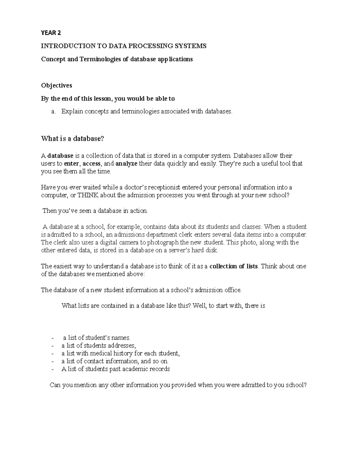 Lesson 3 Database Concept AND Terminologies - Computer Science - KNUST - Studocu