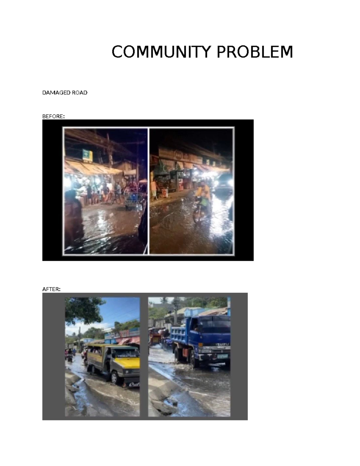 Community- Problem - COMMUNITY PROBLEM DAMAGED ROAD BEFORE: AFTER ...
