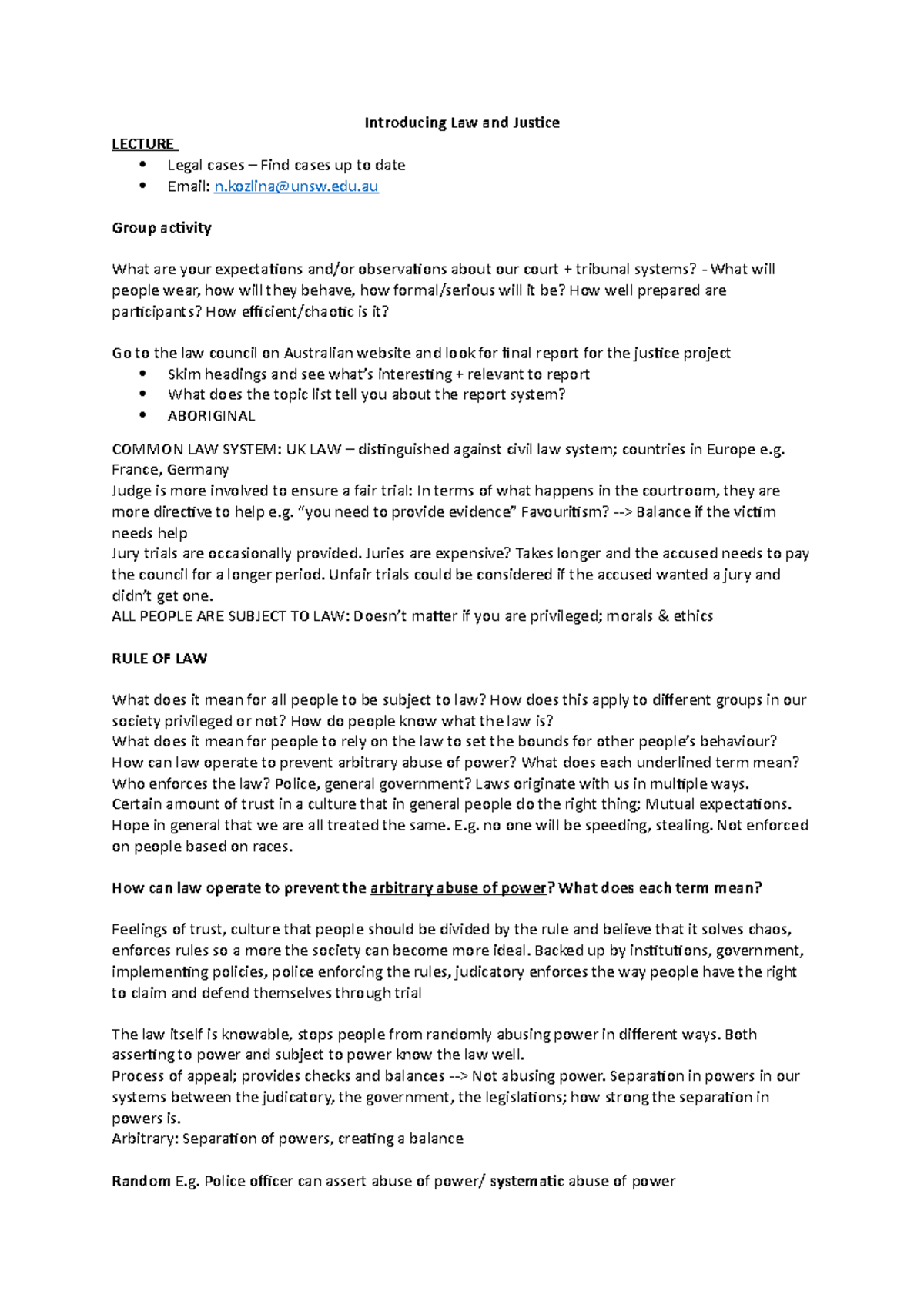 LAWS1052 Lecture Notes 1-10 - Introducing Law and Justice LECTURE Legal ...