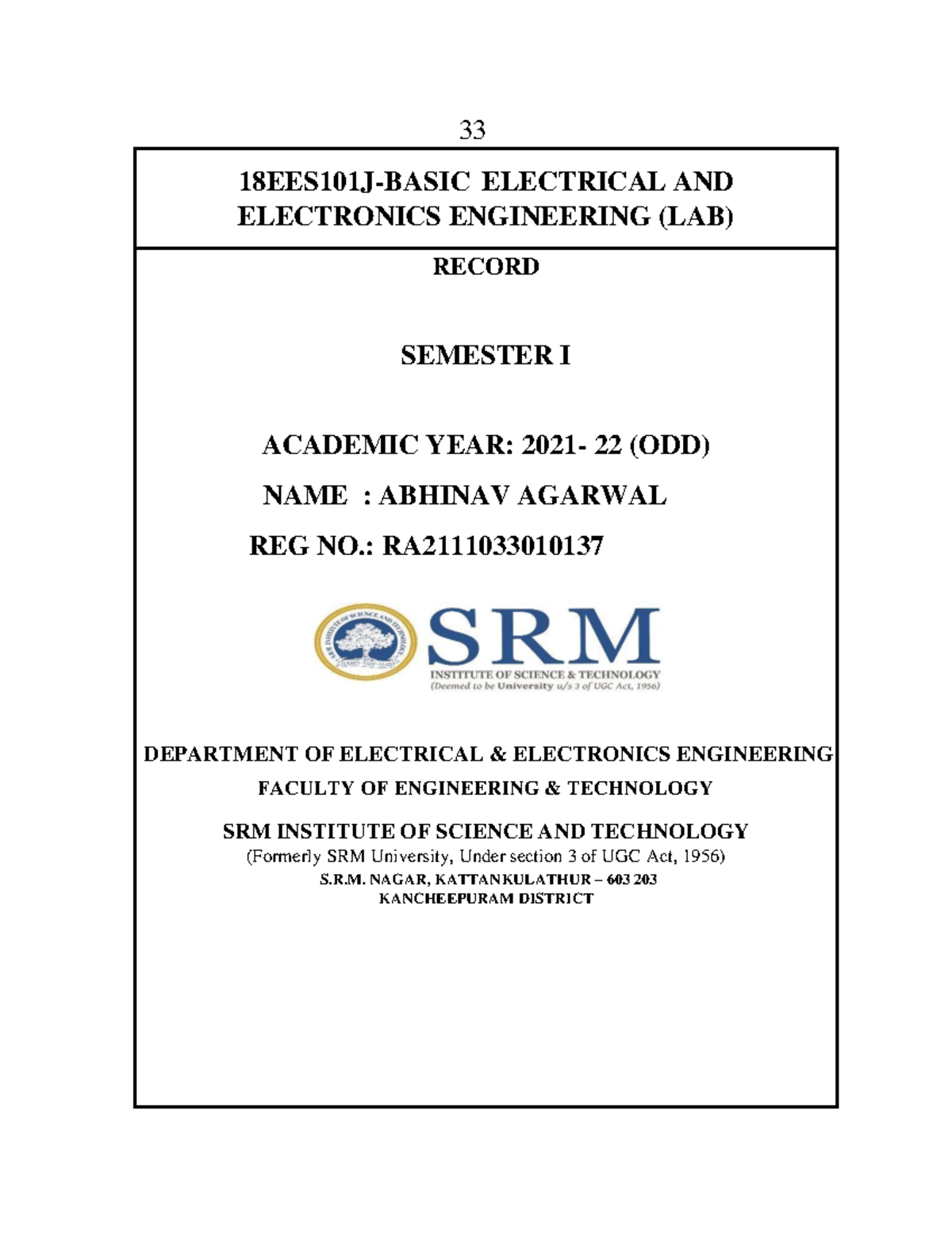 EXPERIMENT 2 OF BEEE - 33 18EES101J-BASIC ELECTRICAL AND ELECTRONICS ENGINEERING (LAB) RECORD ...