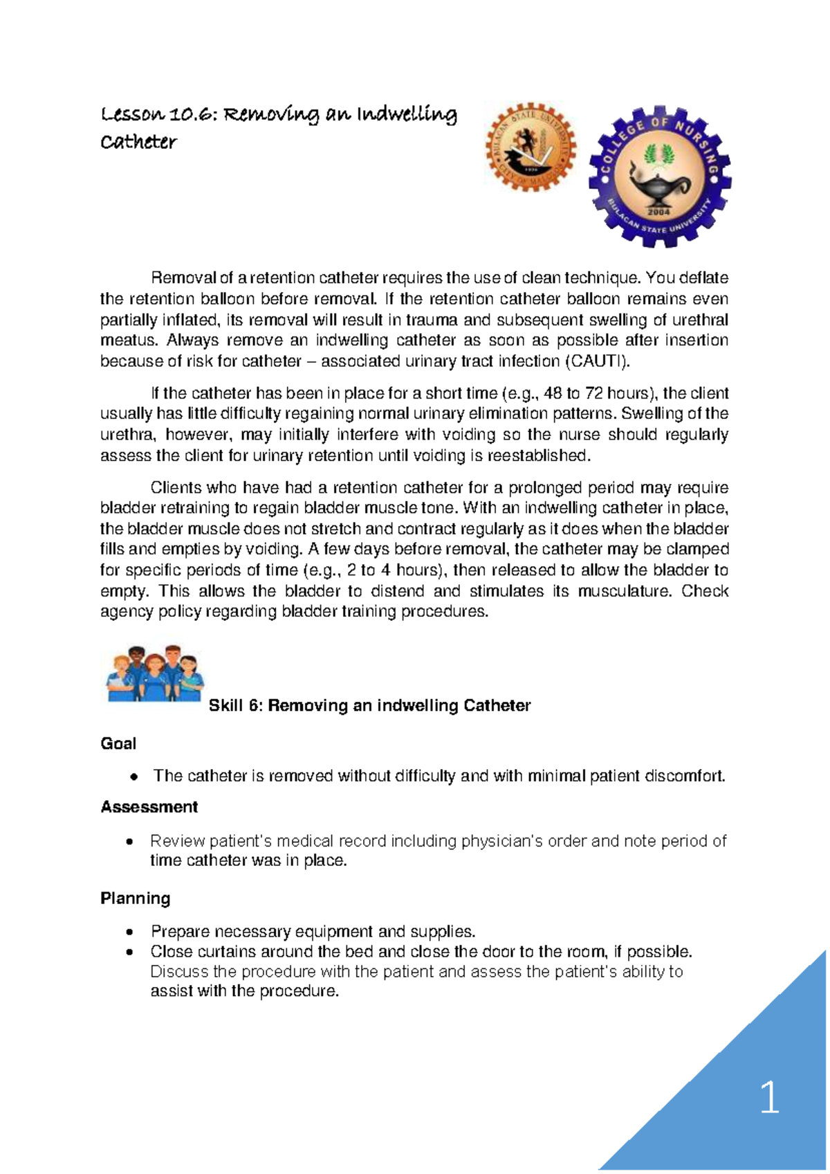 Lesson 10.6 Removing an Indwelling Catheter - 1 Lesson 10. 6 : Removing ...