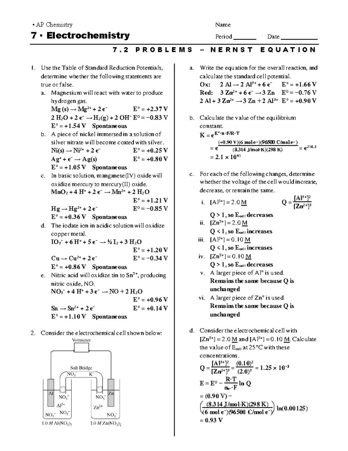 7.0 electrochem - None - AP Chemistry Name 7 Electrochemistry Period ...