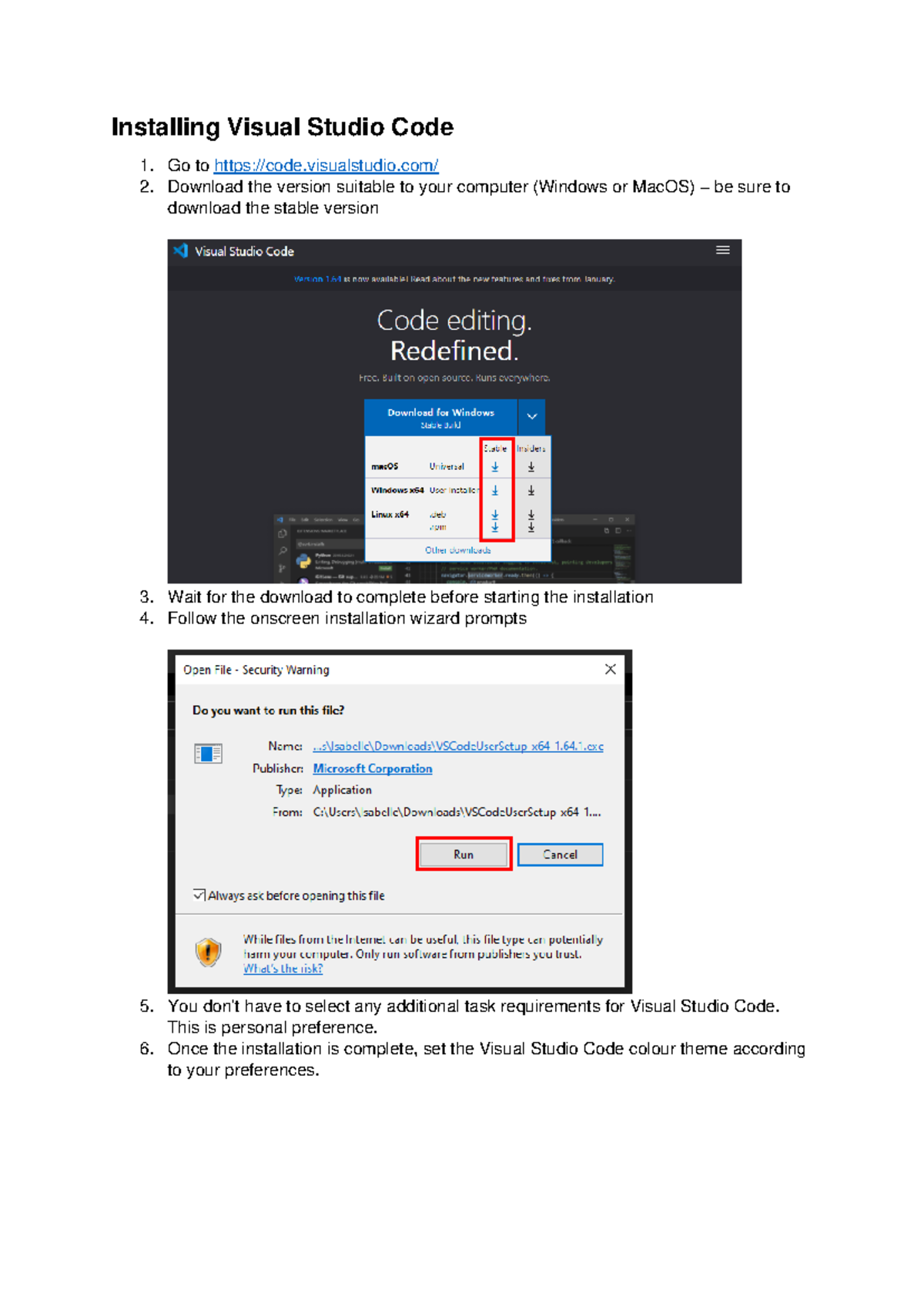 Installing Visual Studio Code - visualstudio/ Download the version ...