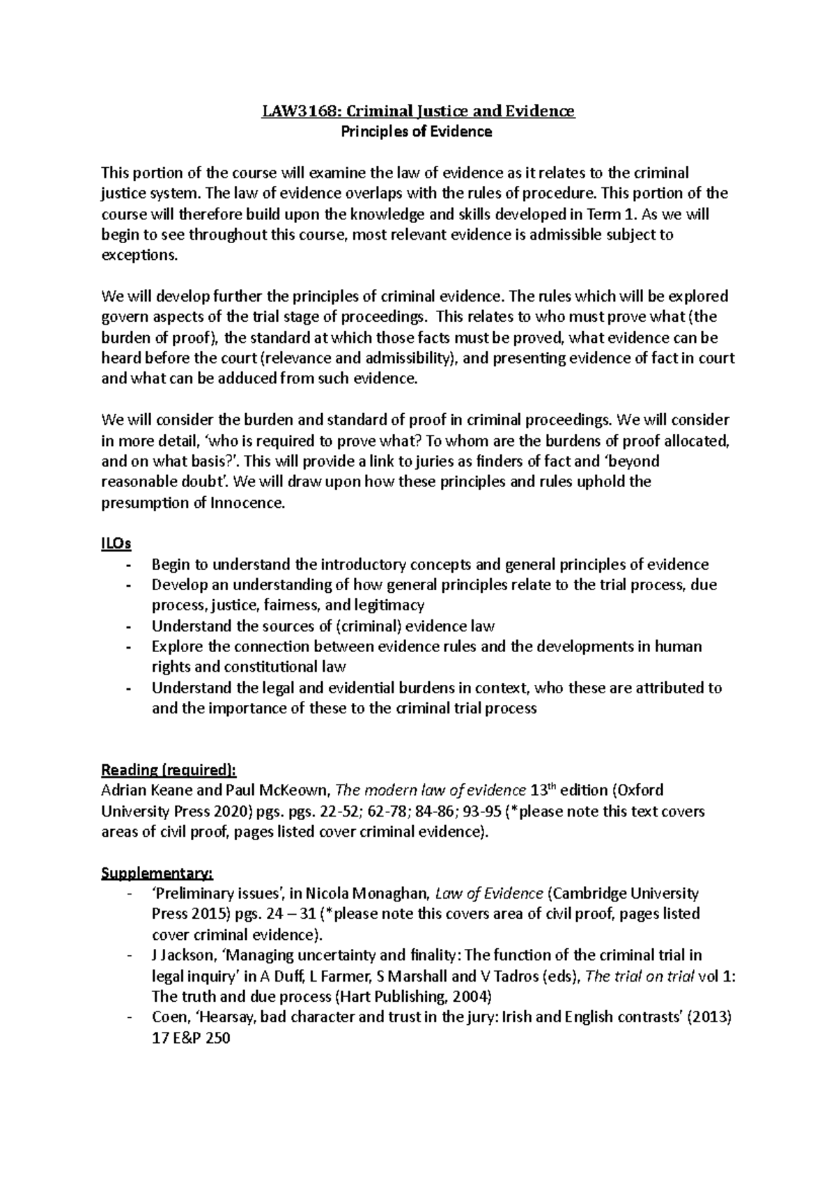 Handout - Principles of Evidence - LAW3168: Criminal Justice and ...