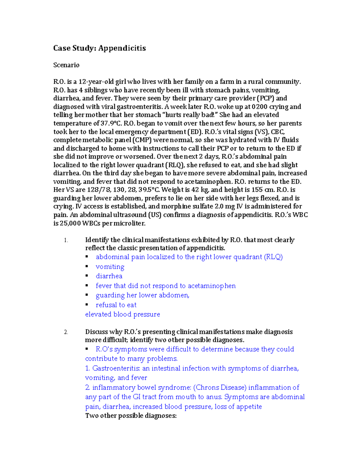 Appendicitis Case Study - Case Study: Appendicitis Scenario R. is a 12 ...